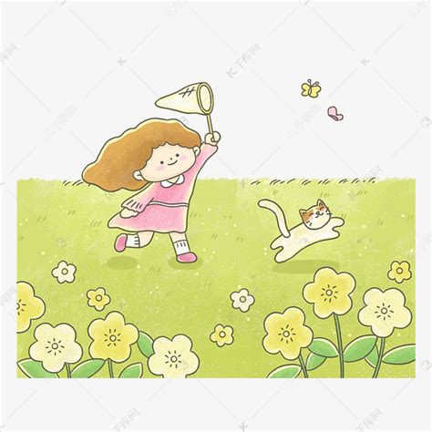 春天春景女孩捉蝴蝶素材图片免费下载 千库网