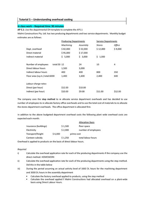 Cms Tutorial 5 In Class Work Tutorial 5 Understanding Overhead Costing In Class Work