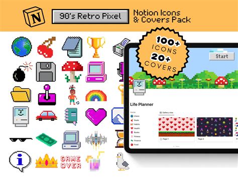 90s Retro Pixel Notion Planner Icons And Covers Notion Covers Notion