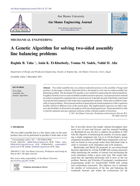 pdf a genetic algorithm for solving two sided assembly line balancing