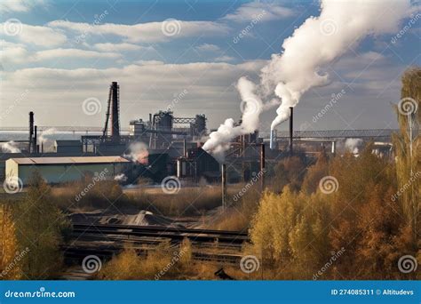 Metallurgical Plant With View Of Towering Blast Furnace And Smoke