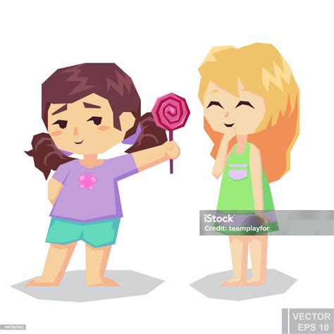 먼저 벡터 평면 만화 일러스트 레이 션을 사랑 하는 두 여자 공유 사탕 화해 싸움 후 가족에 대한 스톡 벡터 아트 및 기타