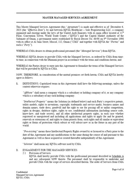 Managed Services Agreement Cma V8 Clean Pdf Indemnity Tort