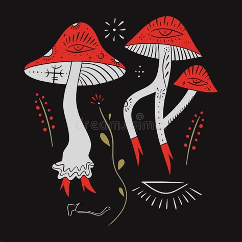 Boho Mushrooms Set Cartoon Magical Poisonous Fantasy Toadstool Mushroom