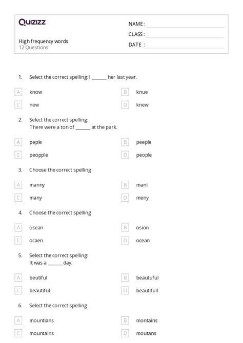 50 high frequency words worksheets for 5th grade on quizizz free
