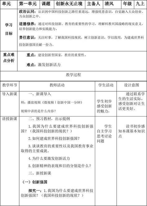 创新永无止境教案部编版道德与法治九年级上册 word文档免费下载 亿佰文档网