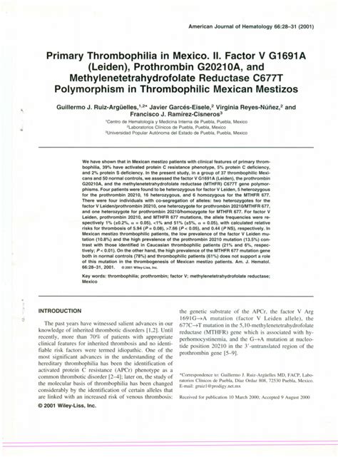 Pdf Primary Thrombophilia In Mexico Ii Factor V G1691a Leiden Prothrombin G20210a And