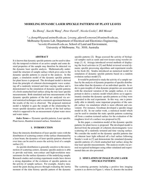 Pdf Modeling Dynamic Laser Speckle Patterns Of Plant Leaves