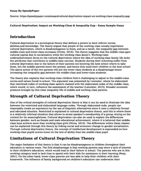 📌 Cultural Deprivation Impact On Working Class And Inequality Gap Essay Sample