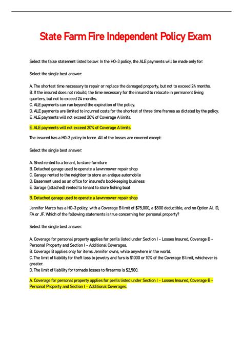 State Farm Fire Independent Policy Exam Questions And Answers 2022