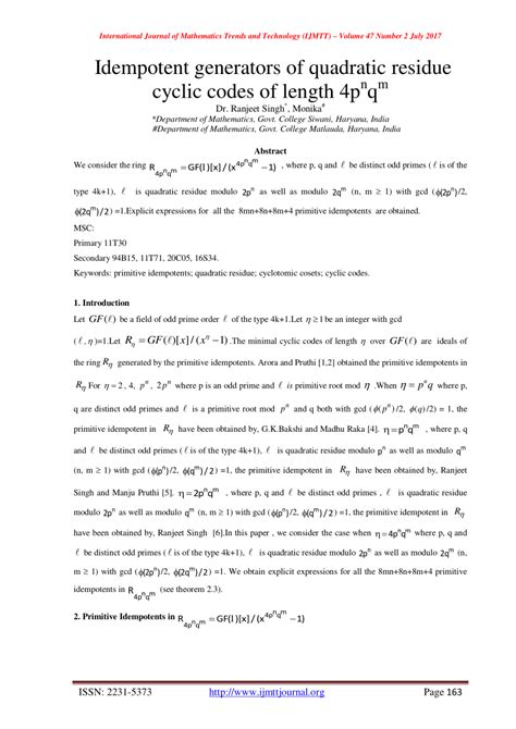 PDF Idempotent Generators Of Quadratic Residue Cyclic Codes Of Length