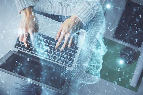 컴퓨터와 인간 뇌 홀로그램 그림에서 일하는 여성의 이중 노출 맨 위 보기 Ai 컨셉 과학에 대한 스톡 사진 및 기타 이미지 과학 금융 기업 재무와 산업 Istock