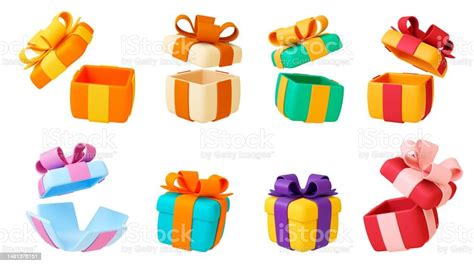 선물 상자 3d 활과 리본이 있는 상자를 제공합니다 경품은 열리고 닫힙니다 현실적인 생일 크리스마스 결혼식 파티 요소 간결한 벡터 세트 선물에 대한 스톡 벡터 아트 및 기타