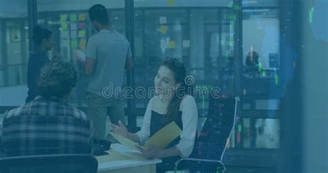 Financial Data Processing Animation Over Diverse Business People Collaborating In Office Stock