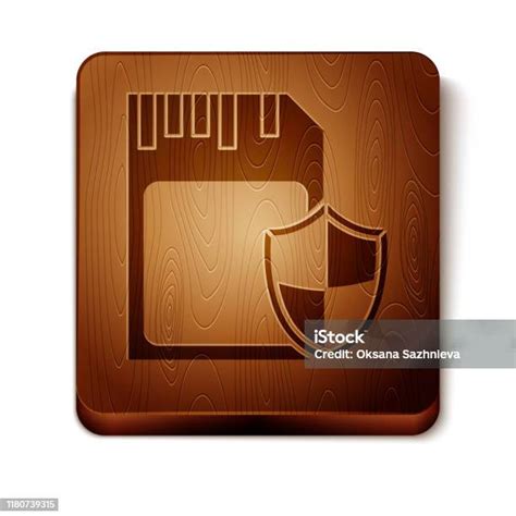 갈색 Sd 카드와 흰색 배경에 격리 방패 아이콘 메모리 카드 어댑터 아이콘입니다 보안 안전 보호 개인 정보 보호 개념 나무 사각형 버튼입니다 벡터 일러스트레이션 0명에 대한