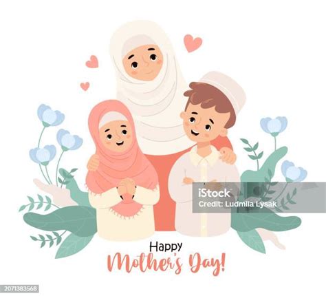 이슬람 가족 웃는 아이들 아들과 딸과 함께 귀여운 무슬림 어머니 해피 어머니의 날 카드 평면 만화 스타일의 벡터 일러스트 레이