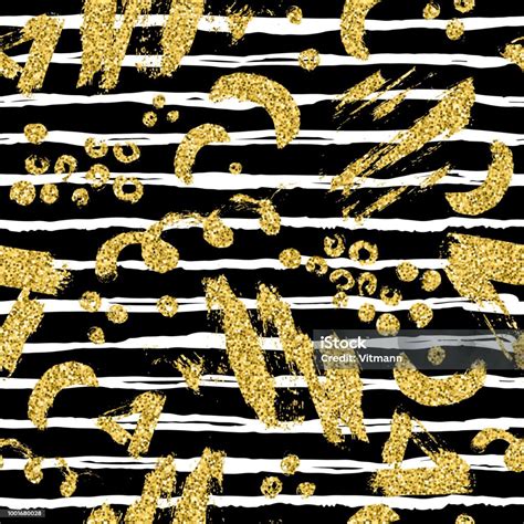 골드 반짝이 브러쉬 스트라이프 오 점 자리와 현대 완벽 한 패턴입니다 검은 바탕에 황금 백색 색깔입니다 손으로 그린 금속 질감 빛나는 불꽃 요소입니다 패션 현대적인