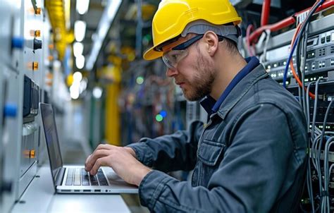 Engineer Examining Laptop And Repairing Office Network Server Premium