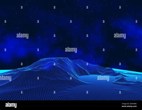 Abstract Techno Background With Wireframe Landscape Against A Space Sky