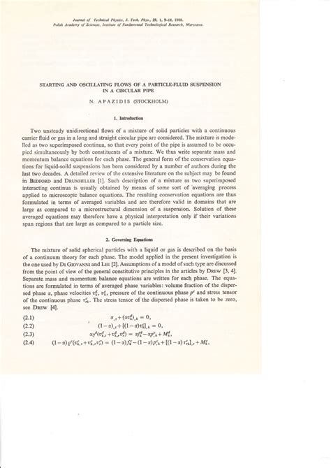 Pdf Starting And Oscillating Flows Of A Particle Fluid Suspension In A Circular Pipe
