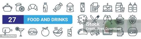 요리 냄비 레몬 크로와상 쓰기 칼 붙이 칵테일 타코 웹 디자인 모바일 앱을위한 햄버거 벡터 얇은 선 아이콘과 같은 27 개의