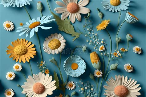 Abstract Chamomile Flowers On Blue Background High Angle View Neural Network Generated Art