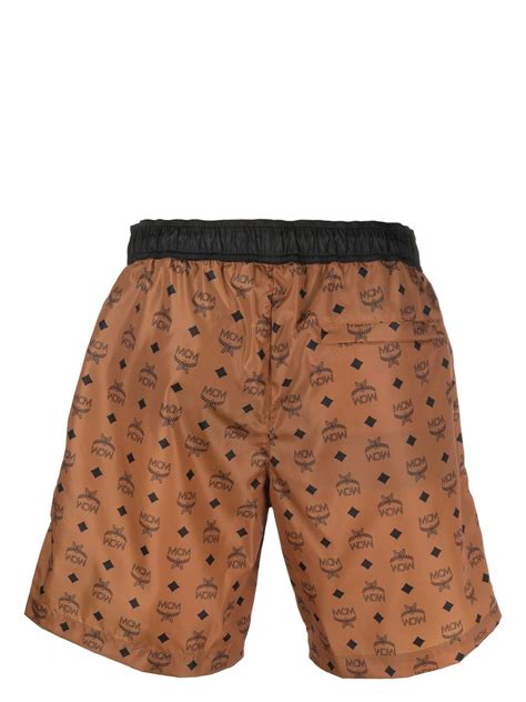 Mcm Logo Monogram Print Swim Shorts Brown Farfetch