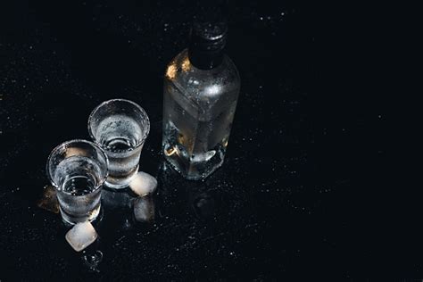 보드카 샷 얼음이 든 보드카 안경 어두운 배경 공간 복사 선택적 초점 0명에 대한 스톡 사진 및 기타 이미지 0명 건강