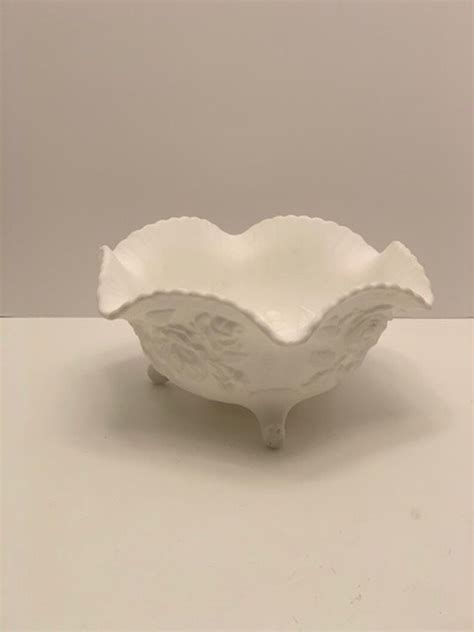 Imperial Satin Milk Glass Open Rose Pattern Crimp Edge Bowl Etsy