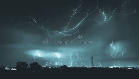 Long Branched Powerful Lightning Bolts Strike Down Behind The Trees
