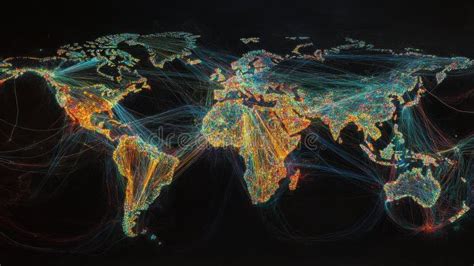 Global Network Connections Visualized As A World Map With Glowing Lines Stock Illustration