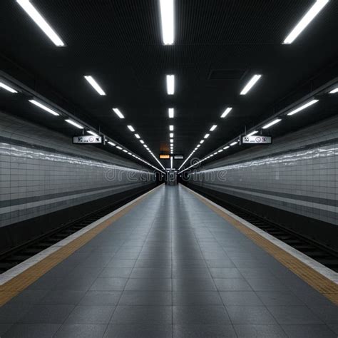 Empty Subway Platform With Tiled Walls And Dark Ceiling Stock