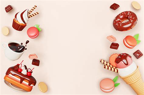 파스텔 배경에 3d 달콤한 음식 프레임 초콜릿 아이싱과 체리 머핀 아이스크림 도넛 마카롱 카페 과자 메뉴용 커피 컵을 곁들인 케이크 조각의 디저트 테두리 0명에 대한 스톡