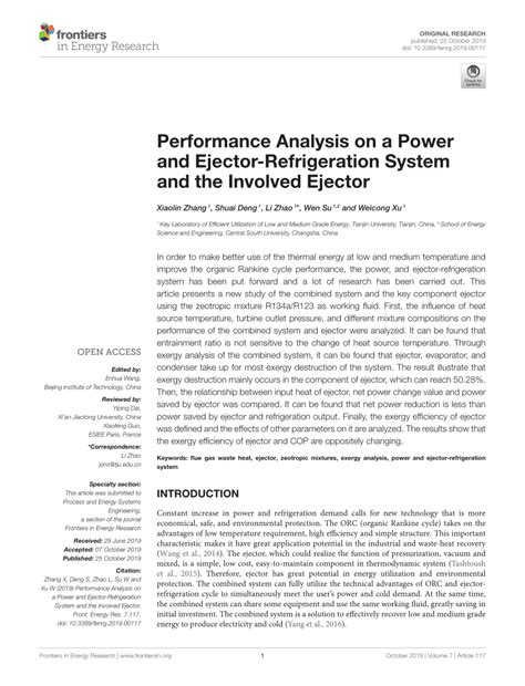 Pdf Performance Analysis On A Power And Ejector Refrigeration System And The Involved Ejector