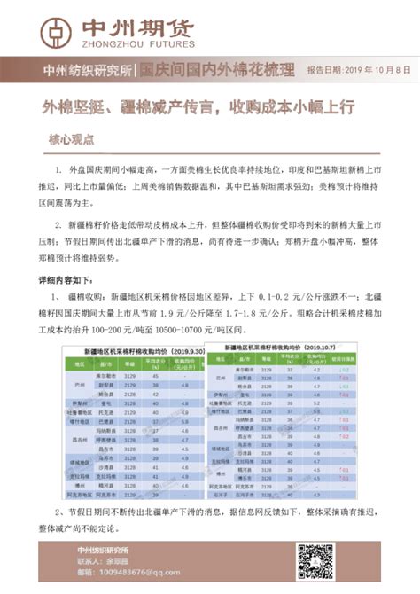 国庆间国内外棉花梳理：外棉坚挺、疆棉减产传言，收购成本小幅上行
