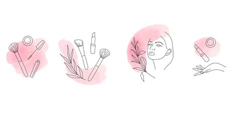 뷰티 살롱 로고입니다 메이크업 또는 미용 스튜디오 속눈썹 연장 로고 다른 장비 라인 손과 여자의 얼굴 수채화 물방울 다양한 화장품 배지 벡터 격리 엠블럼 세트 사람 같은