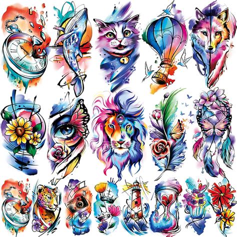 Acevegue 79 Feuilles Tatouage Aquarelle 15 Feuilles Réalistes Lion