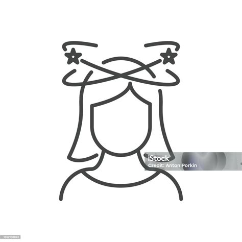 현기증 편두통 두통 산만 한 머리 선형 Pictogram 전면 보기입니다 여자는 현기증 라인 아이콘을 느낀다 메스꺼움 윤곽 아이콘을 가진 피곤한 여자 편집 가능한 스트로크