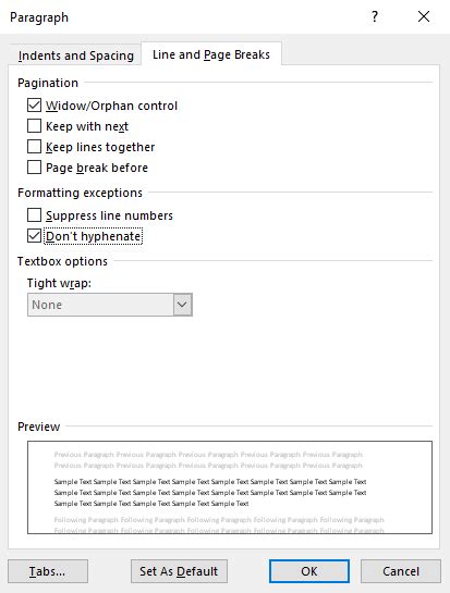how to stop words from splitting at the end of a line in microsoft word