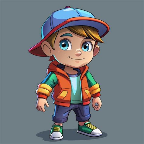 Una caricatura de un niño con una chaqueta y una gorra Vector Premium