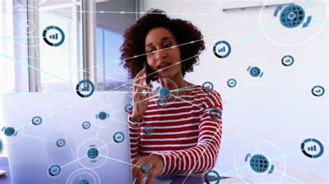 Animation Of Network Of Connections With Graph Icons Over African American Businesswoman In