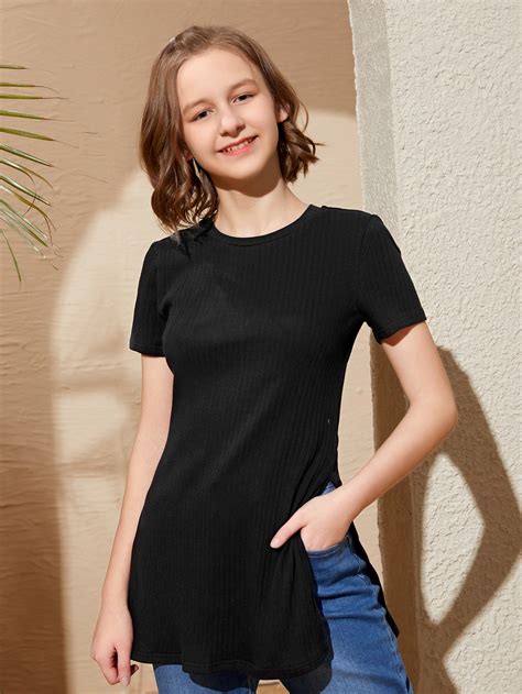 SHEIN Chicas adolescentes Top con abertura lateral tejido de canalé