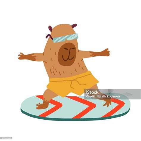 여름 카피바라 서핑 보드 귀여운 일러스트 인쇄 소셜 미디어 포스터 표지 축하 손으로 그린 벡터 일러스트 레이 션 0명에 대한