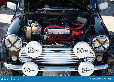 Detail Of An Old Black Mini Cooper With An Open Hood Editorial Image