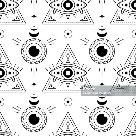 사악한 눈은 매끄러운 패턴입니다 라인 아트 다양한 부적 보호 평면 디자인 흑백 모던 트렌디 한 디자인 악한에 대한 스톡 벡터