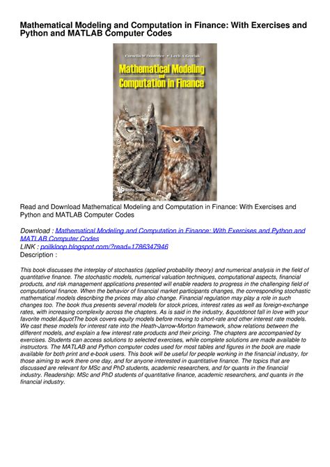 Pdf Read Free Mathematical Modeling And Computation In Finance With