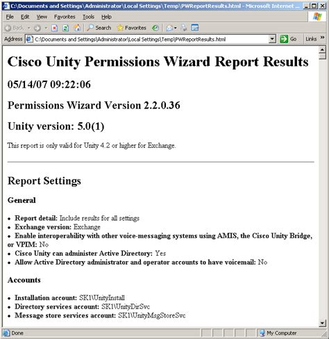 Cisco Unity Permissions Wizard Report Mode Help