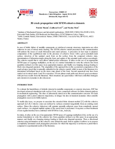 Pdf 3d Crack Propagation With X Fem Cohesive Elements