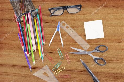 Stationery Objects On The Wooden Background — Stock Editorial Photo