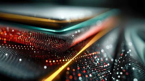 Colorful Layered Mesh Surfaces With Glowing Dots And Reflective Textures In Red Black And Gold